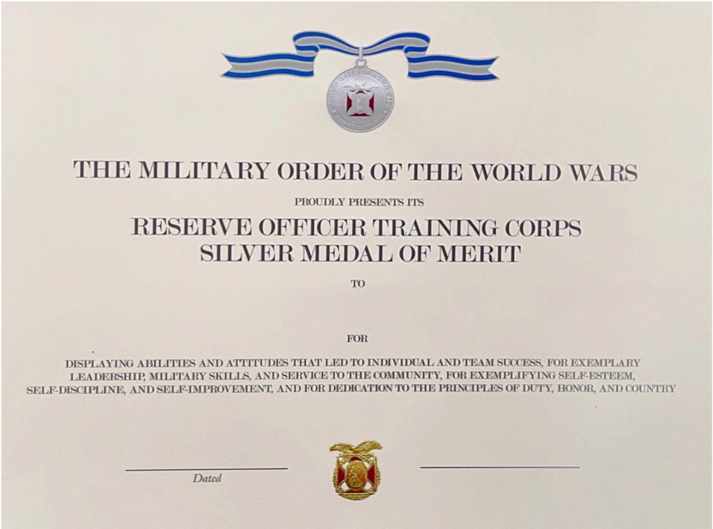 Silver ROTC Medal of Merit Certificate - Military Order of the World Wars