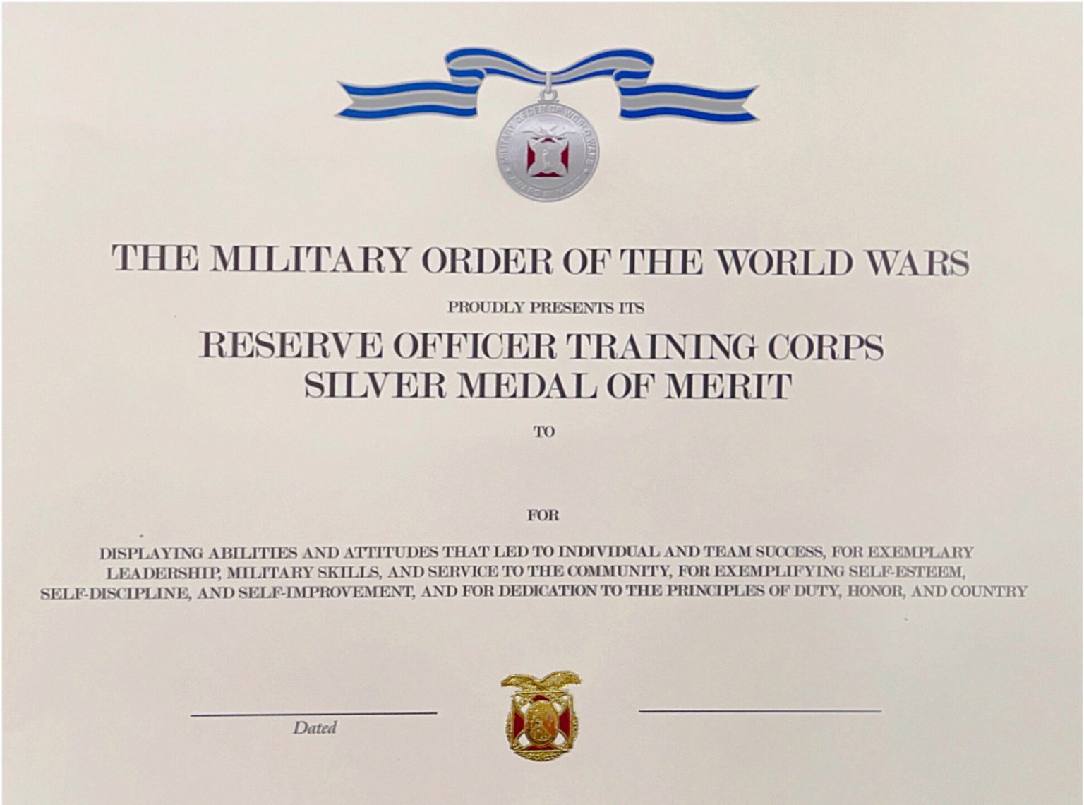 Silver ROTC Medal of Merit Certificate - Military Order of the World Wars