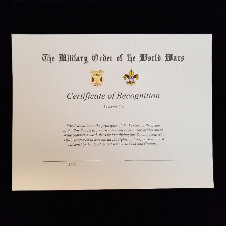 Summit Award Recognition Certificate, BSA Venturing Program - Military ...